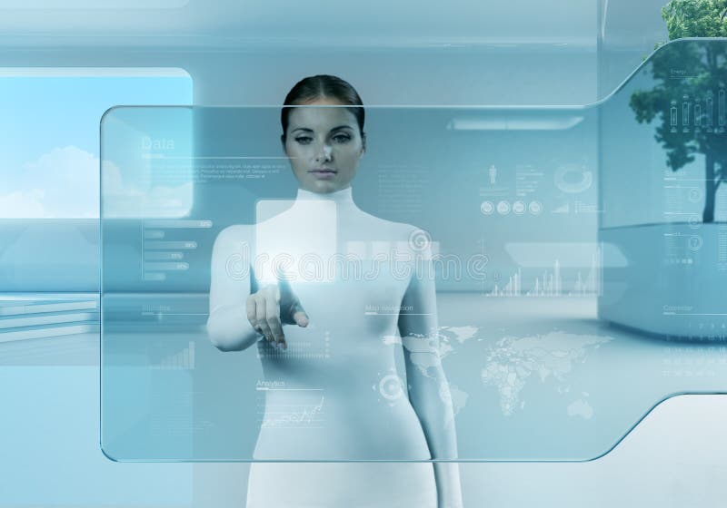 Future Technology. Girl Press Button Touchscreen Interface. Stock Image ... Future Technology. Girl Press Button Touchscreen Interface. Stock Image ...