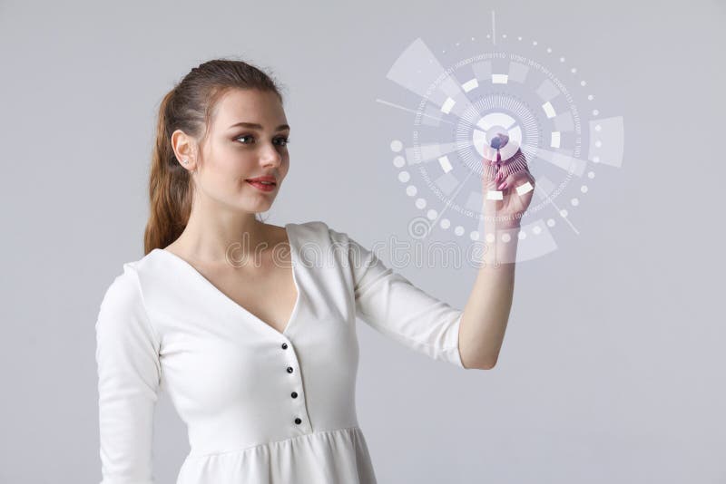 Future Technology. Woman Working with Futuristic Interface Stock Image ...