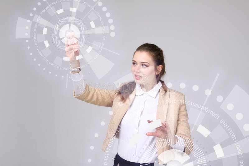 Future Technology. Woman Working with Futuristic Interface Stock Image ...