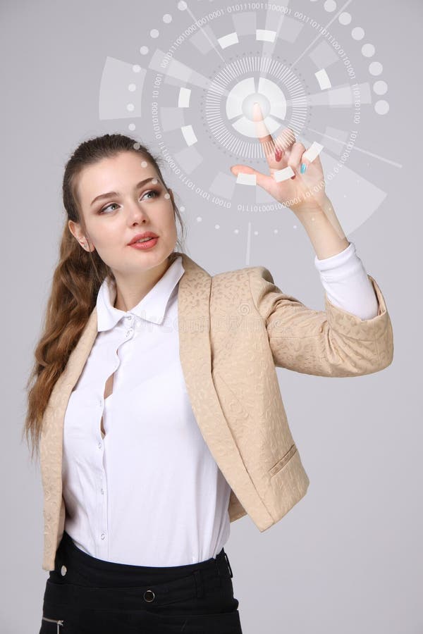 Future Technology. Woman Working with Futuristic Interface Stock Photo ...