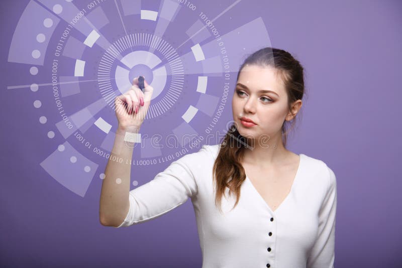 Future Technology. Woman Working with Futuristic Interface Stock Image ...