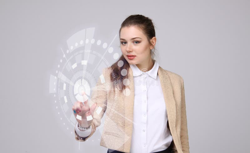 Future Technology. Woman Working with Futuristic Interface Stock Photo ...