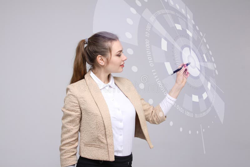 Future Technology. Woman Working with Futuristic Interface Stock Photo ...