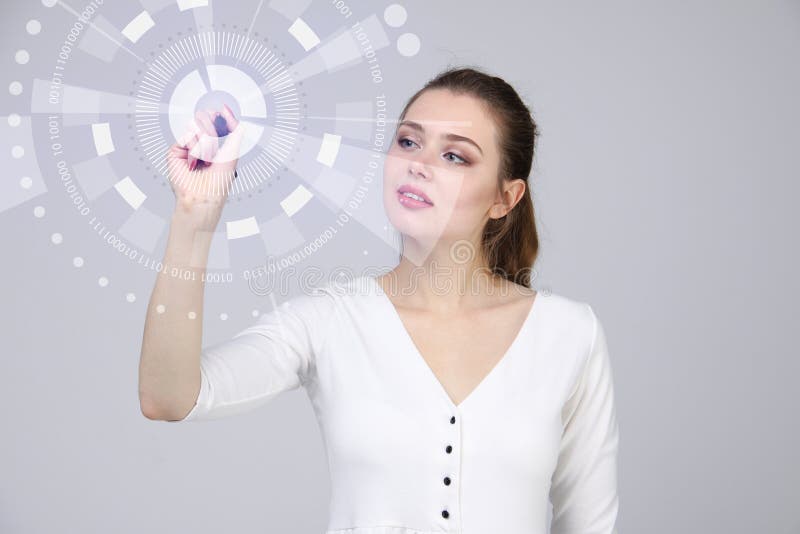 Future Technology. Woman Working with Futuristic Interface Stock Photo ...