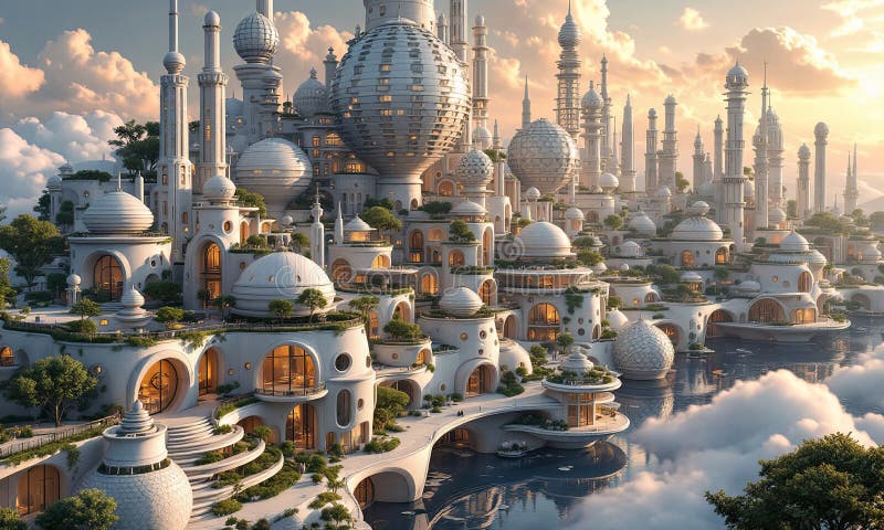 Future Utopia City among the Clouds Stock Illustration - Illustration ...