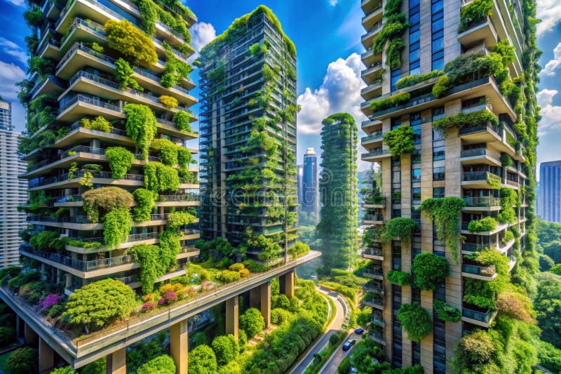 Future Vertical Forest Towers Stock Illustration - Illustration of ...