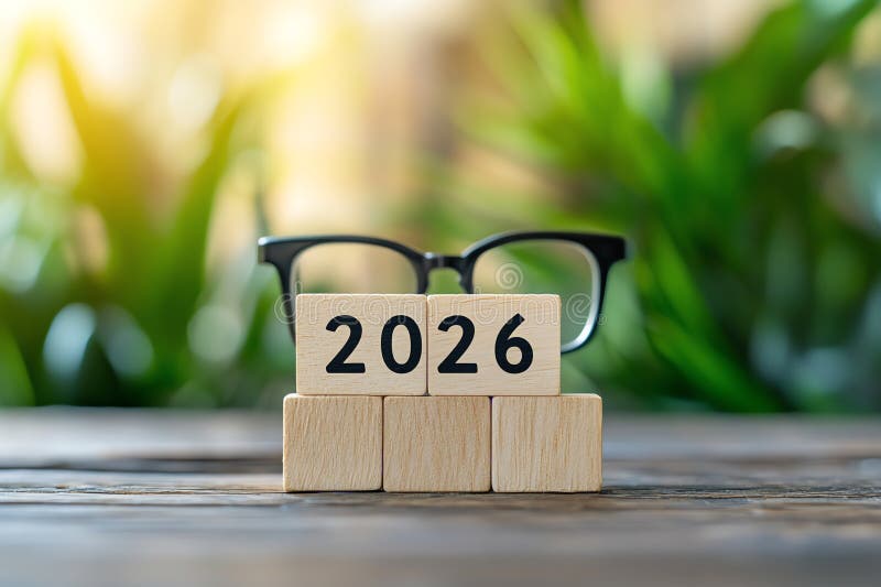 Future Vision 2026 with Glasses and Wooden Blocks on a Natural ...