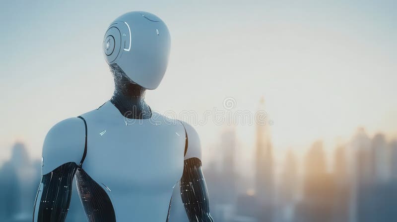 Future Visions a Sleek AI Robot Contemplates Cityscape Potential and ...