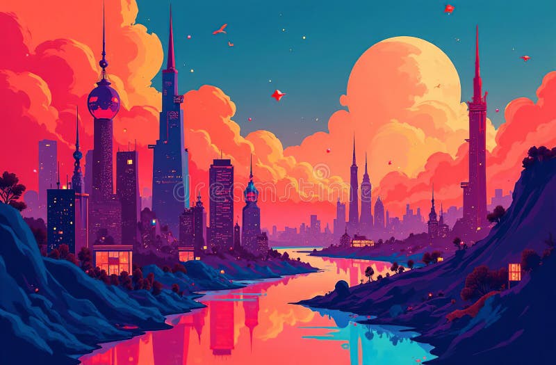 Futurism Science Fiction, Cyber City, Panorama Virtual Reality. AI ...