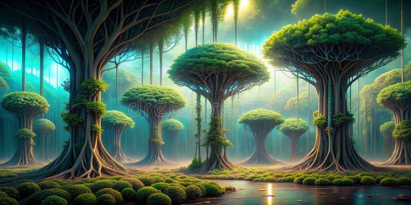 Futurist of Forest Multiple Trees Connected by Vines on Solid ...