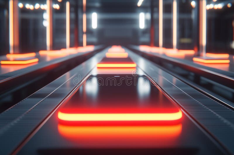 Futuristic Glowing Conveyor Belt with Red Neon Lights Abstract ...
