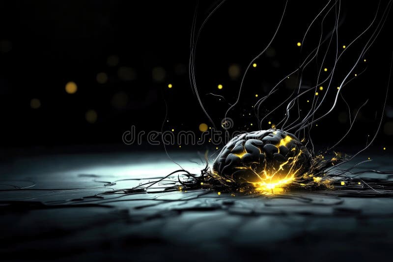 Futuristic Abstract Brain with Neon Light Sparks on Dark Background ...