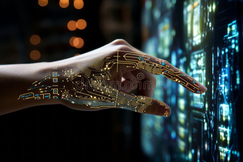 Futuristic Abstract Image of Human Hand Touching an Information Digital ...