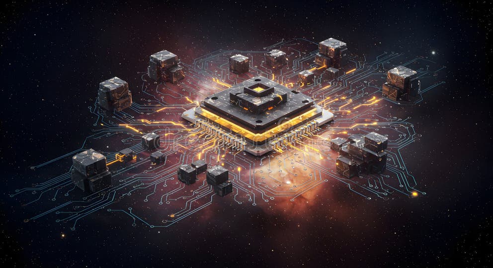 Complex Quantum Computing Architecture with Interconnected Processor and Space Backdrop Stock ...