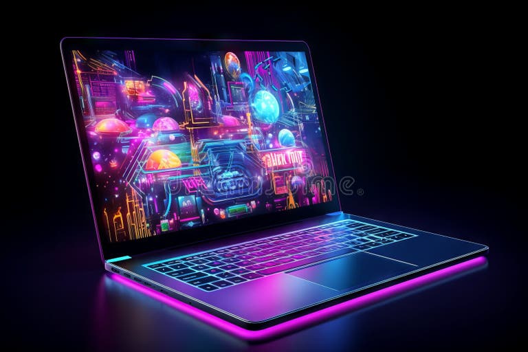 Futuristic Abstract Laptop. Computer Technology, Neon Screen, Display ...