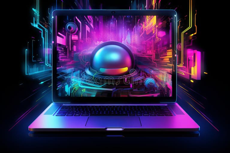 Futuristic Abstract Laptop. Computer Technology, Neon Screen, Display ...