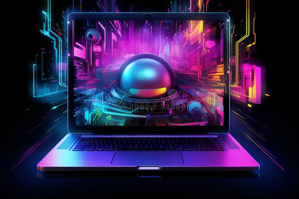 Futuristic Abstract Laptop. Computer Technology, Neon Screen, Display ...