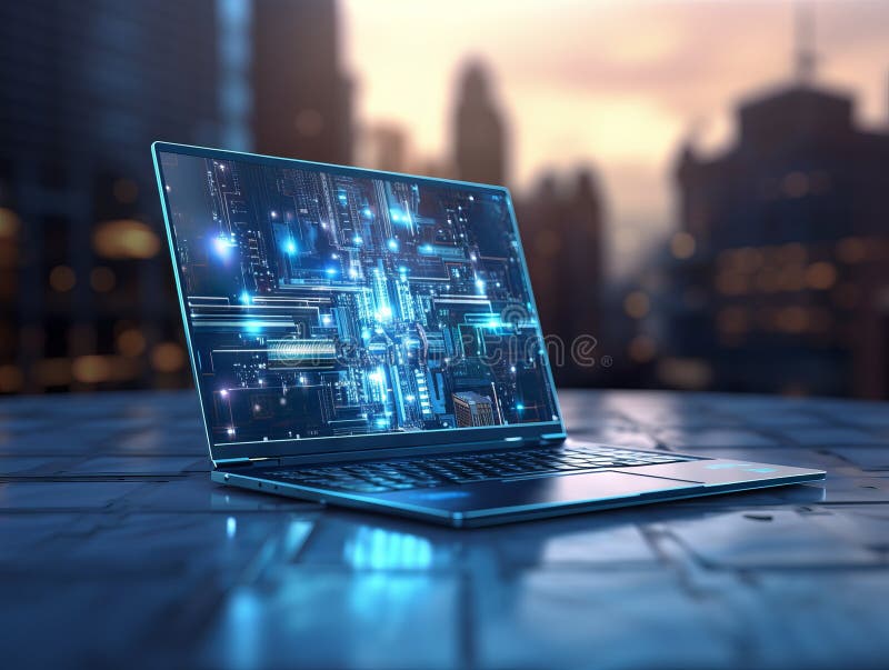 Futuristic Abstract Laptop. Computer Technology, Neon Screen, Display ...