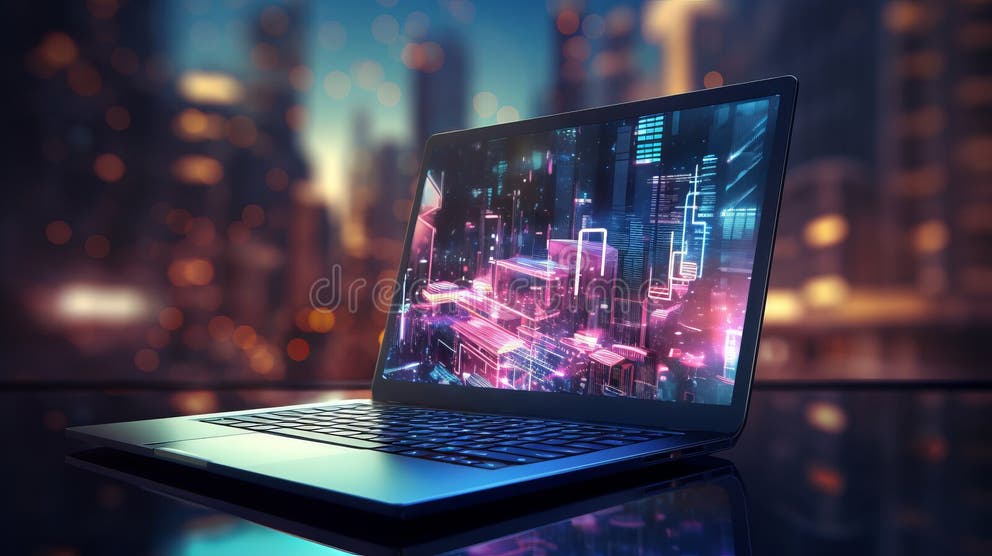 Futuristic Abstract Laptop. Computer Technology, Neon Screen, Display ...