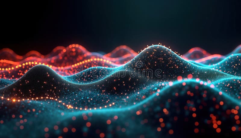 Futuristic Abstract Tech Graphic. Neon Dots, Lines Create Data Waves in ...