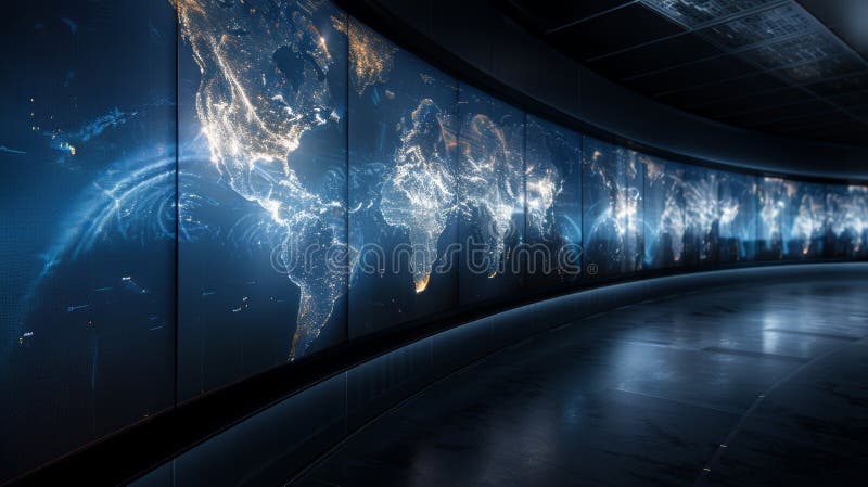 A Futuristic, Abstract World Map Projected Onto a Large Screen in a ...