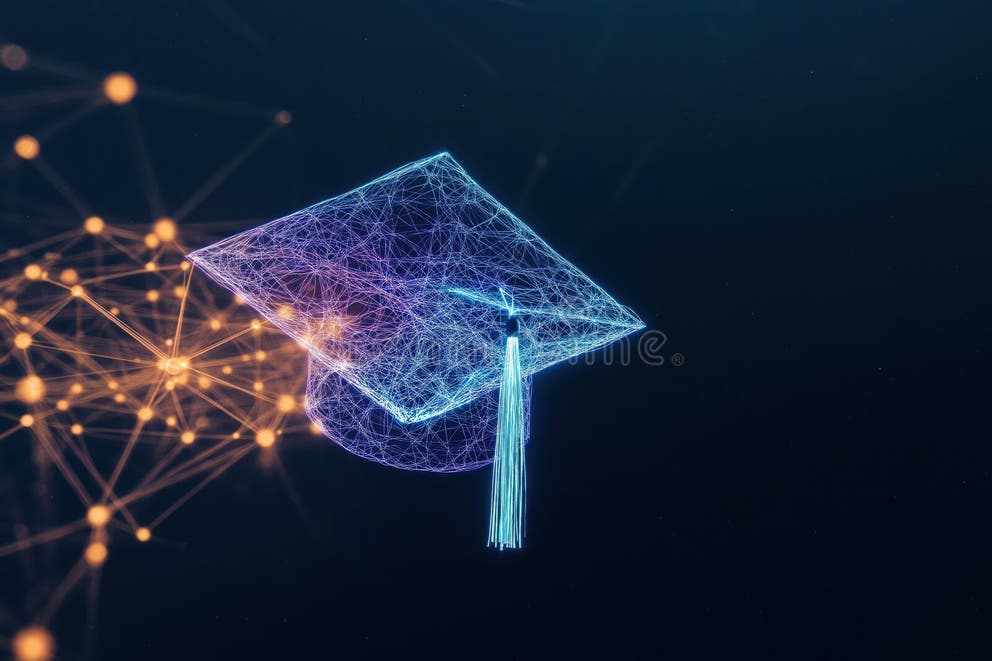 Futuristic Academic Cap Glows with Digital Tech Network. Abstract Grad ...