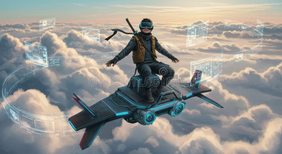 Futuristic Adventure: Man Flying Virtual Airplane with Augmented ...