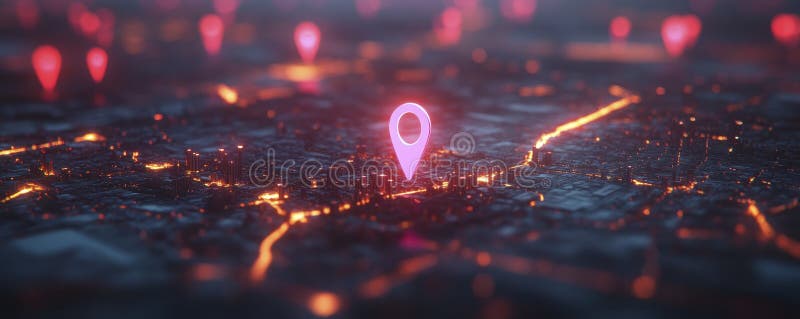 Futuristic Aerial Cityscape with Glowing Digital Location Pins. Stock ...
