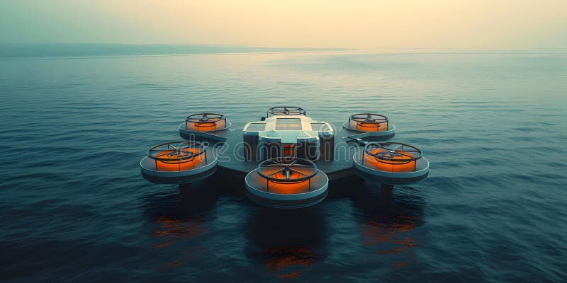 A Futuristic Aerial Drone Monitors a Sprawling Floating Platform Amidst ...