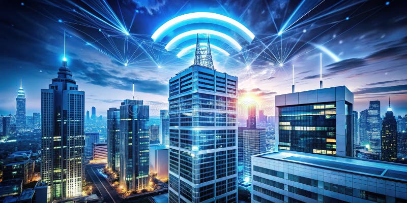 Futuristic Aerial View of Modern Building with Powerful WiFi Network ...