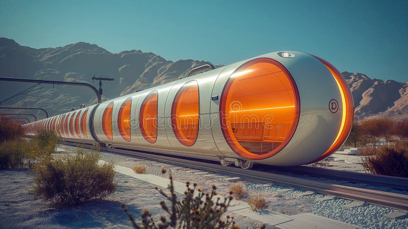 Futuristic Aerodynamic Train on Railway Traveling through Desert Stock ...