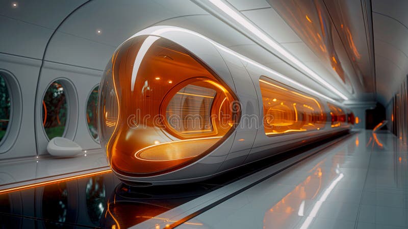 Futuristic Aerodynamic Train on Railway Traveling through Platform ...