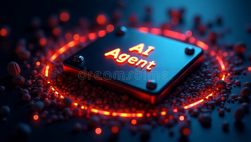 Futuristic AI Agent Chip Surrounded by Glowing Particles and a Red Ring Stock Photo - Image of ...