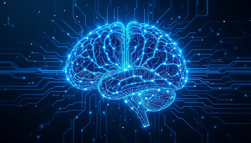 Futuristic AI Brain with Blue Neural Connections Stock Illustration ...