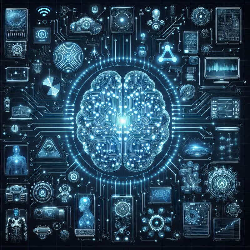 Futuristic AI Brain Circuit Surrounded by Technology Icons Stock Photo ...