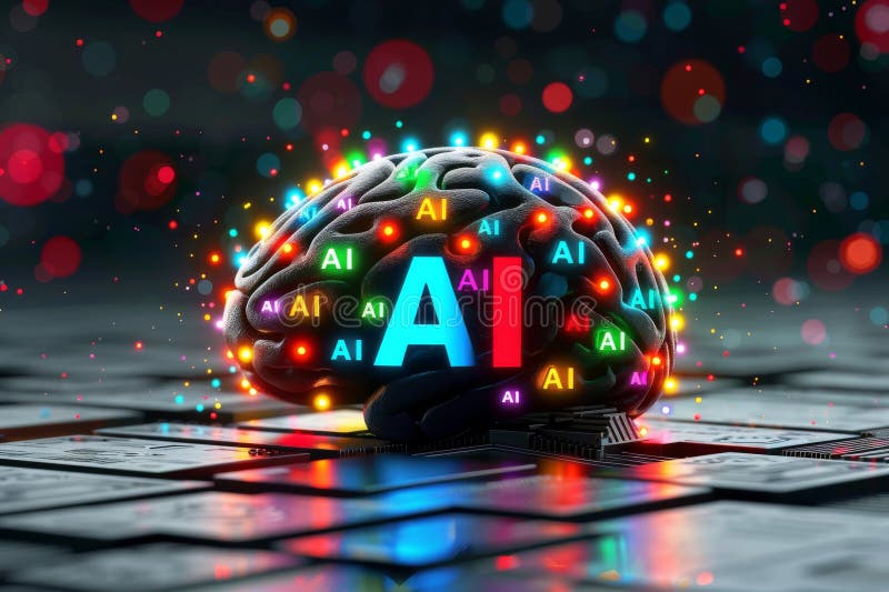 Futuristic AI Brain with Colorful Glowing Lights in a Digital Environment, Representing ...