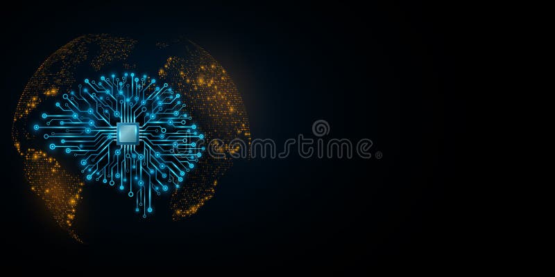 Futuristic AI Brain with Cpu Board on the Background of World Map ...