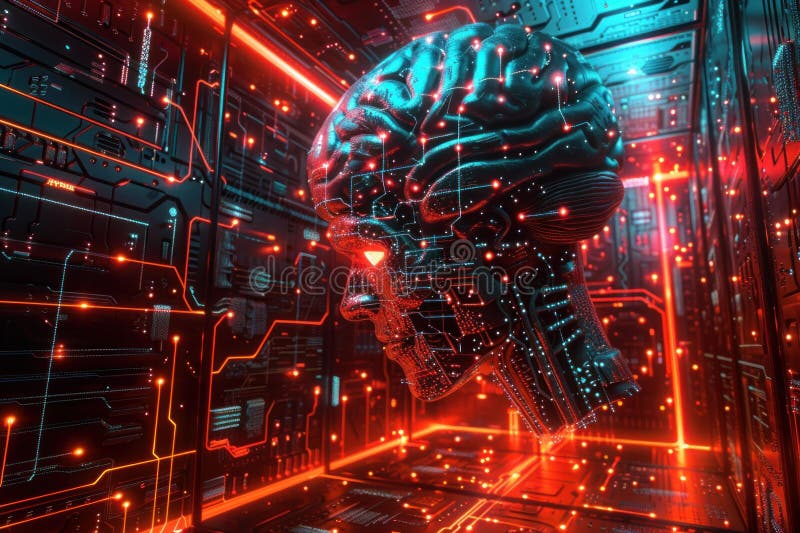 Futuristic Ai Brain in Cyber Data Center Stock Illustration ...