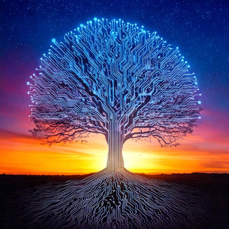Futuristic AI Brain Tree – Glowing Neural Network Circuitry Watercolor ...