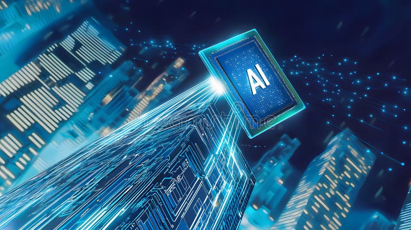 Futuristic AI Chip Illustration in a Cityscape Stock Illustration ...