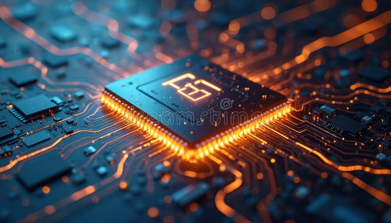 Futuristic AI Chip Illustration with Soft Digital Particles. Close-up ...