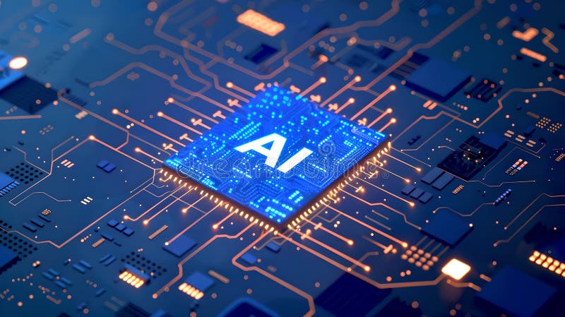 Futuristic AI Chip on a Motherboard. Blue Neon Glow Illuminates ...