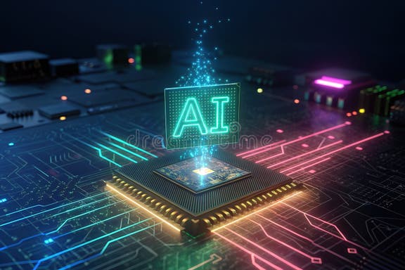 Futuristic AI Chip Neon AI Symbol on Microchip Circuit Board Stock ...