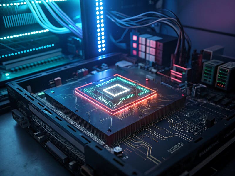 Digital AI Processing Unit with Neon Circuits Stock Image - Image of ...