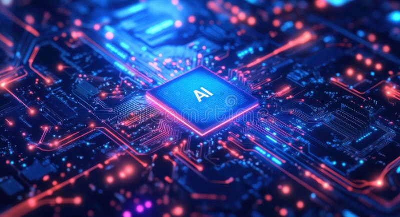 Futuristic AI Chipset Glowing on a Blue Electric Circuit Background ...