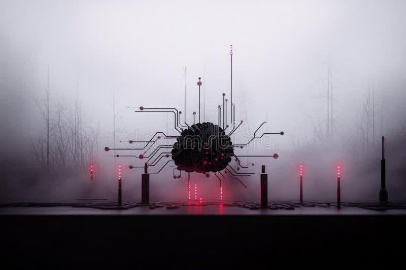 Futuristic Ai Circuit Brain in Foggy Forest with Red Led Lights Stock ...