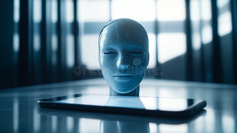Serene Digital Female Face on Modern Smartphone Screen Futuristic ...