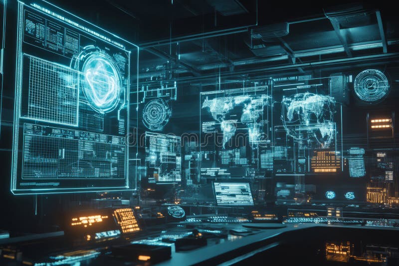 A Futuristic AI Control Center, with Massive Holographic Projections ...