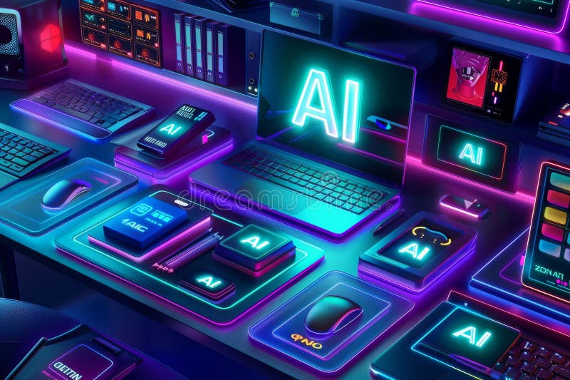 Futuristic AI Control Room with Neon Lights and Digital Interfaces ...