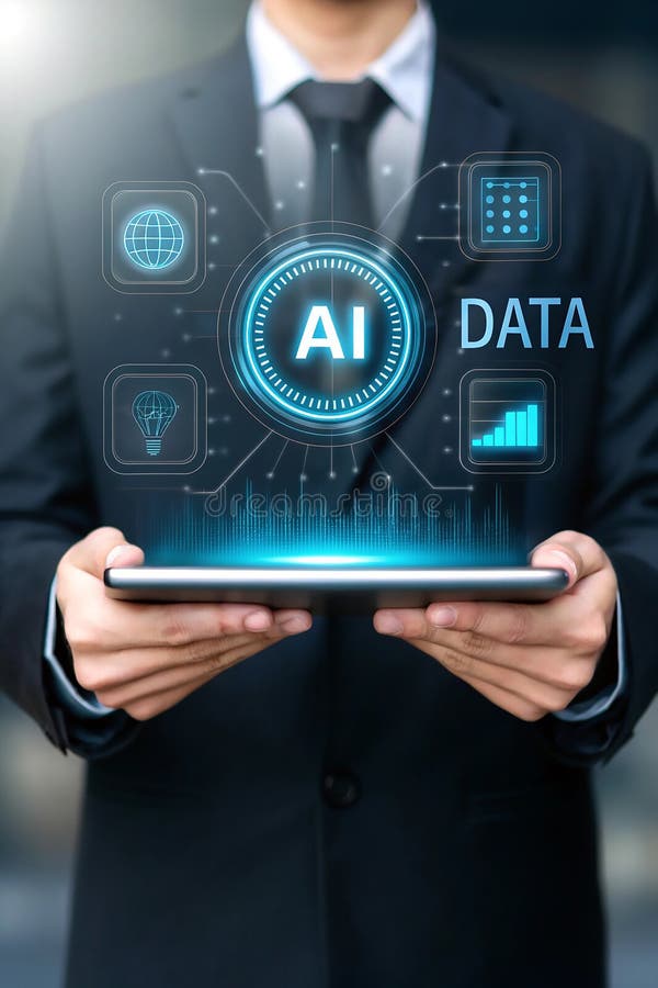 Futuristic AI and Data Analysis Concept with Glowing Blue Graphics. Person in Suit Holding ...